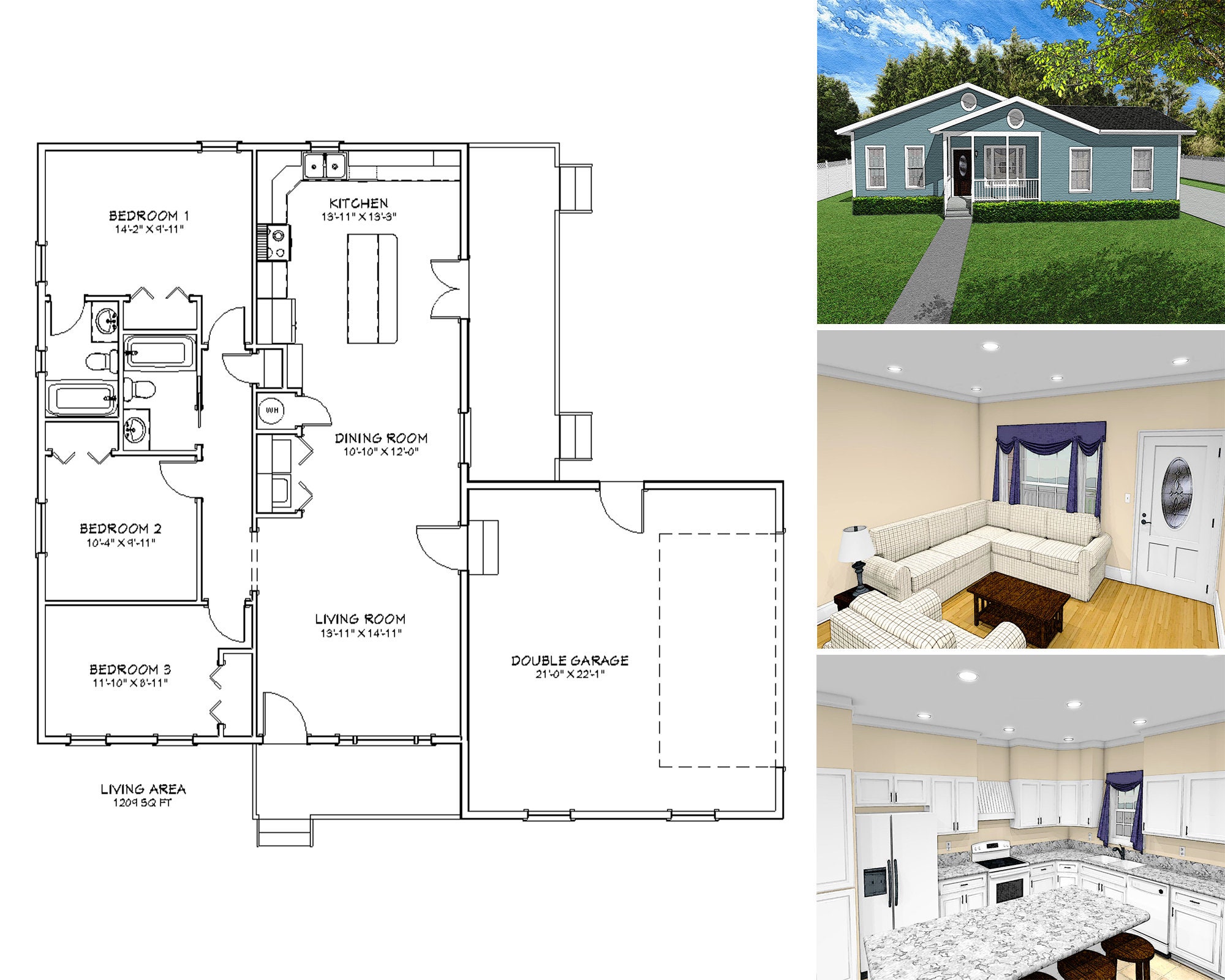 1200 Square Foot Three Bedroom Two Bathroom Floor Plan, One Story Ranch ...