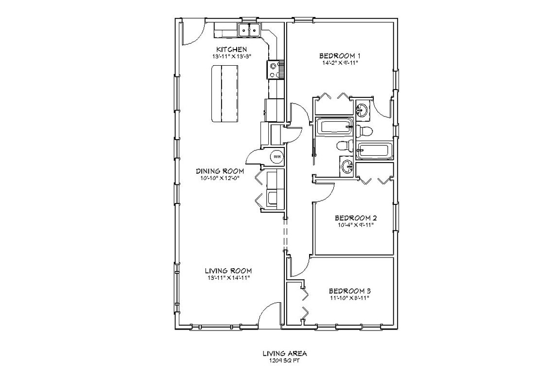 1200 Square Foot Three Bedroom Two Bathroom Floor Plan, One Story ...