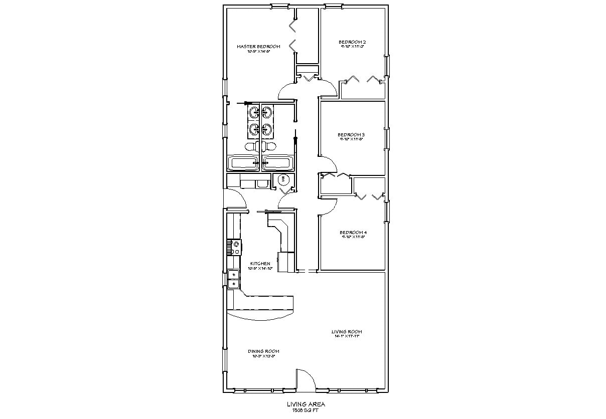Traditional Cottage Floor Plan, 4/2 House Plans for Narrow Lots, 1500 ...