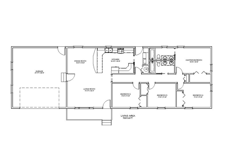 4 Bedroom Ranch Style House Plans, 4/2, 1508 Square Feet, 82'x25', One ...