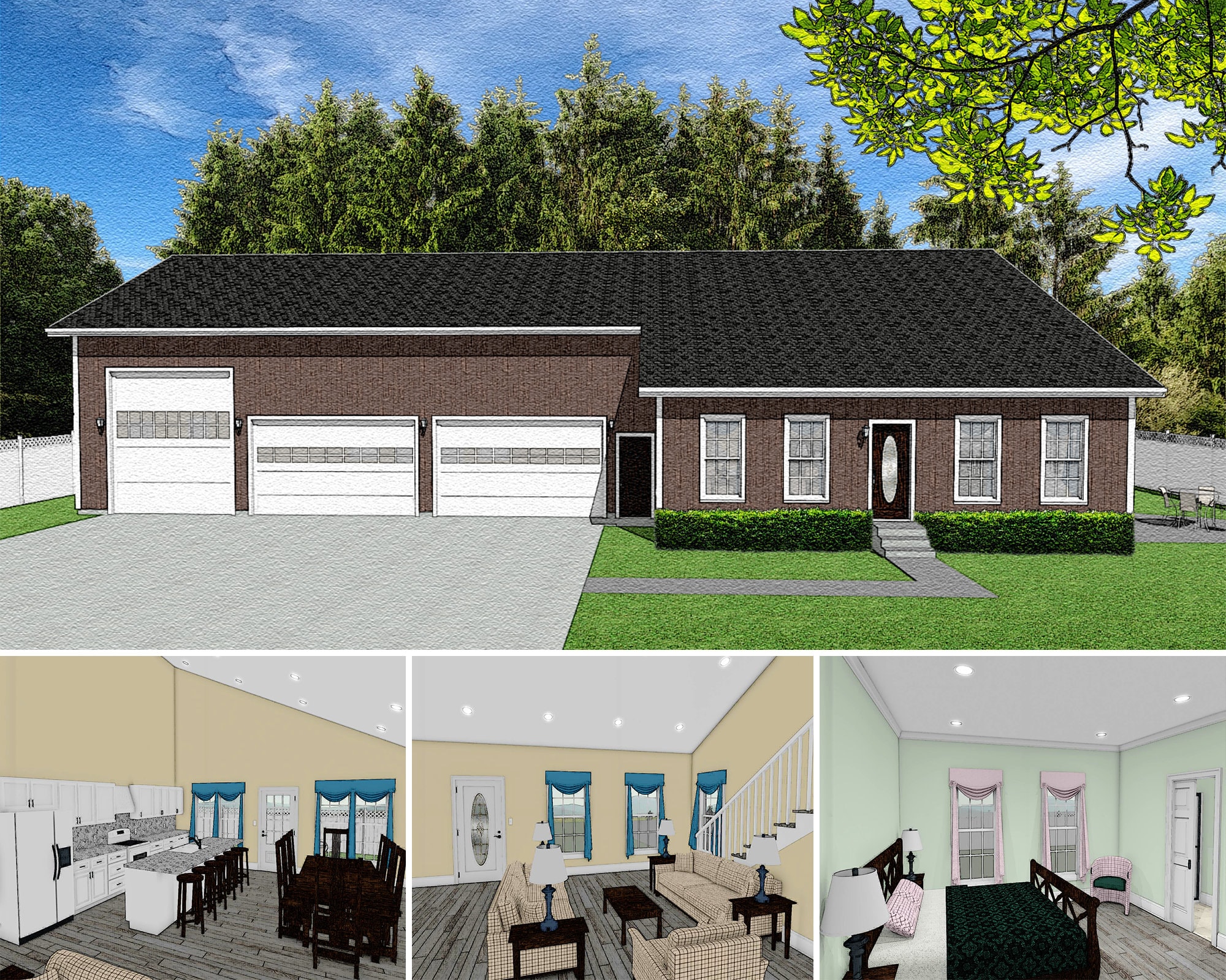 3 Bed 2 Bath 2000 SF 93x52 House Plans, 4 Car + RV Garage With Shop, 2 ...