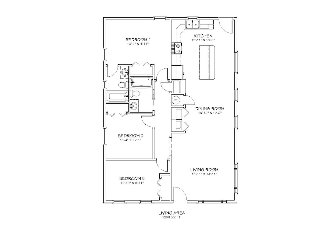 3 Bedroom 2 Bath Narrow Cottage Architectural Plans, 1209 SF, 29'x41 ...