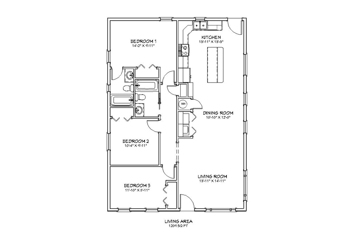 1200 Square Foot Three Bedroom Two Bathroom Floor Plan, One Story ...