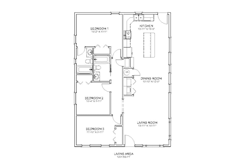 1200 Square Foot Three Bedroom Two Bathroom Floor Plan, One Story ...
