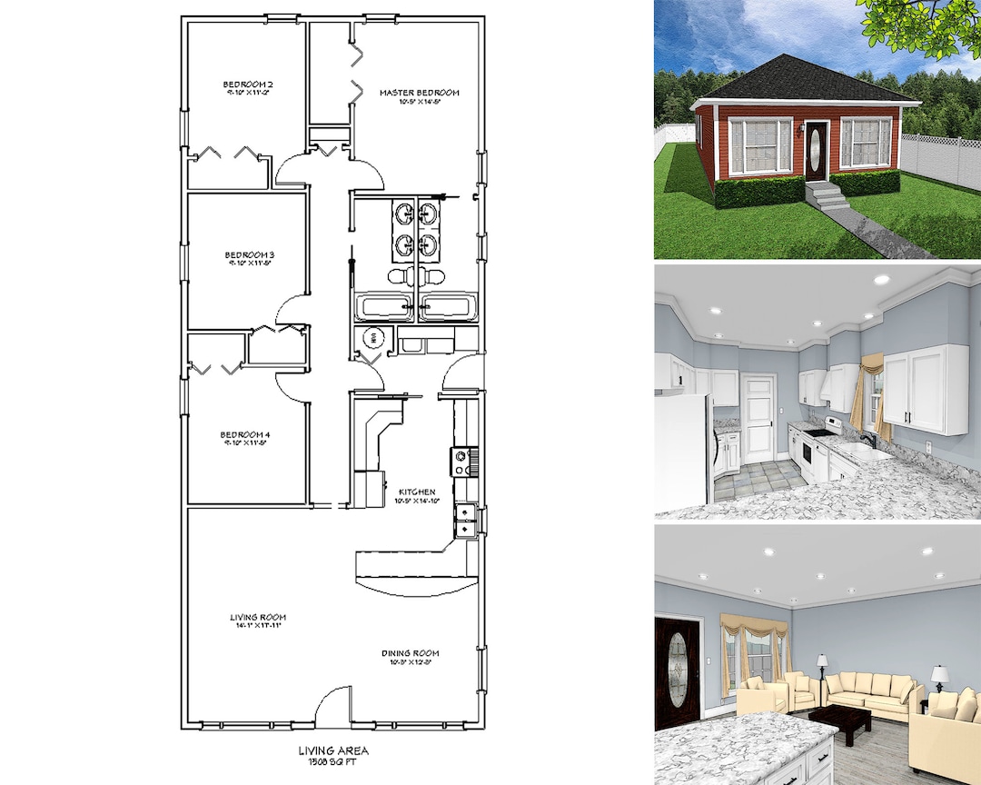 1500 Square Foot Four Bedroom Two Bathroom Floor Plan, One Story ...