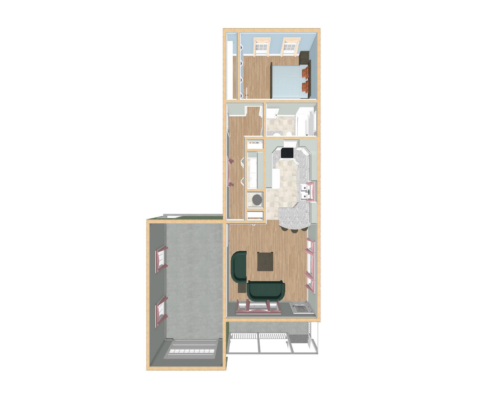 700 Square Foot One Bedroom One Bathroom Floor Plan for Narrow Lots ...