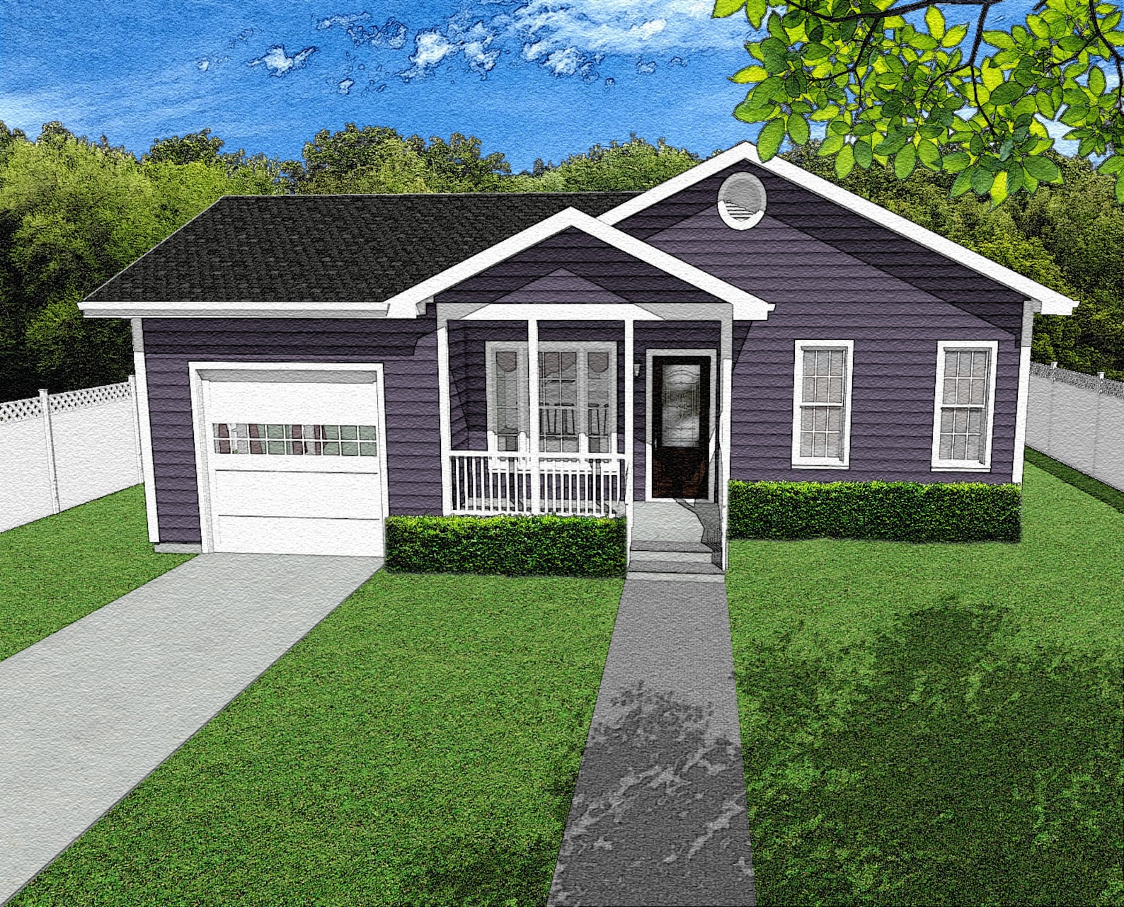 2 Bed 1 Bath 800SF 44x34 House Plans, 1 Car Garage, Front Porch, Small ...
