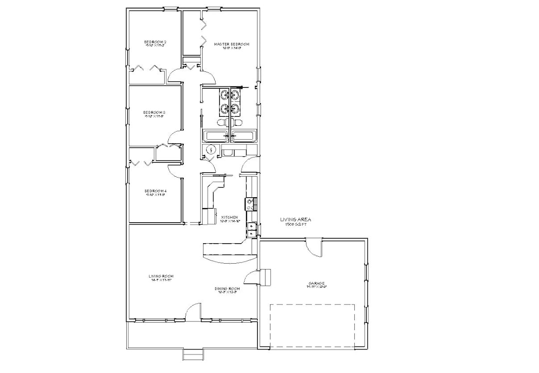 4 Bedroom 2 Bath Ranch Style Architectural Plans, 1508 SF, 46'x65', One ...
