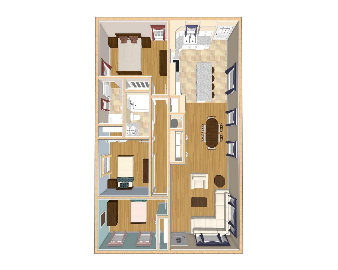 Floor Plan for Narrow Lots, 3/2 Traditional Cottage House Plans, 1200 ...