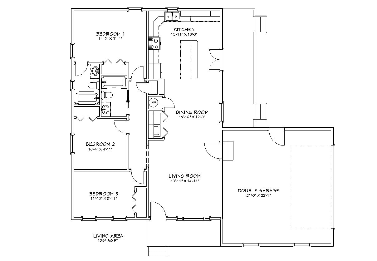 3 Bed 2 Bath 1200 SF 51x46 House Plans, 1 Story Ranch Style Floor Plan With 2 Car Garage ...