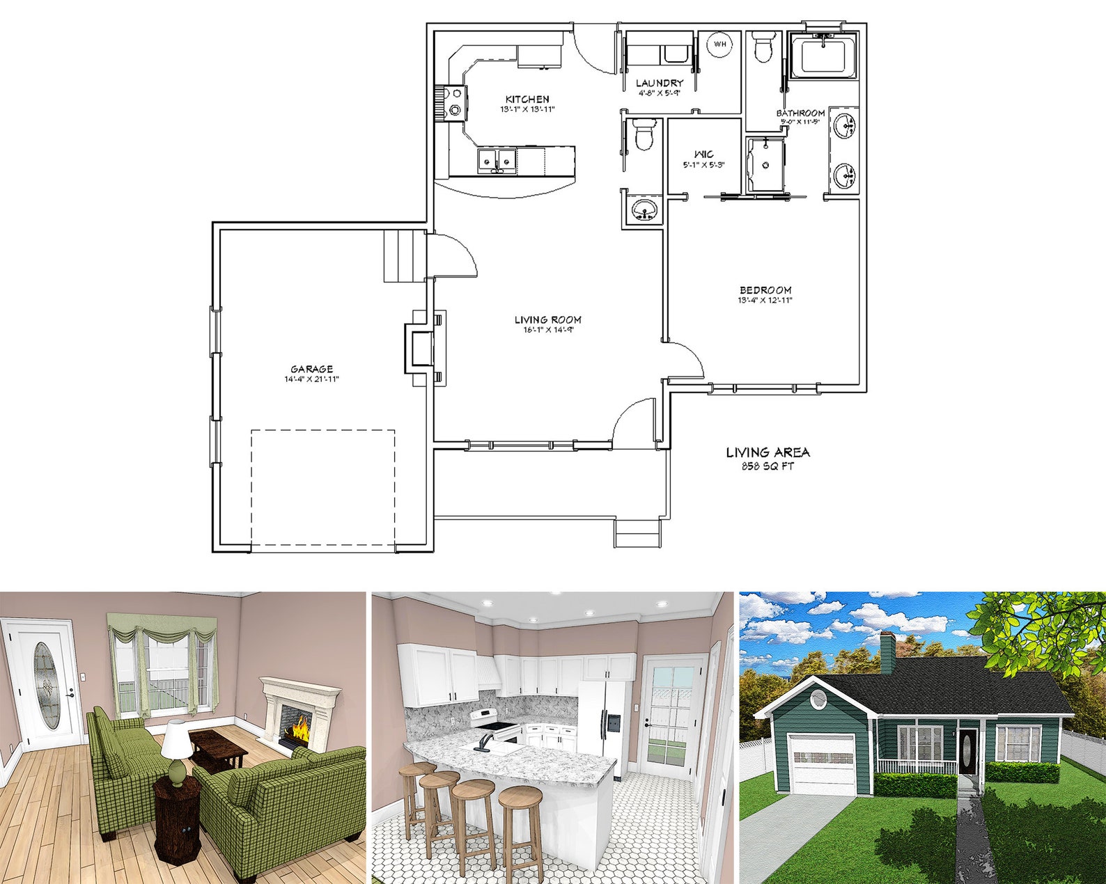 800 Square Foot One Bedroom One Bathroom Floor Plan, One Story Traditional Cottage House Plans ...