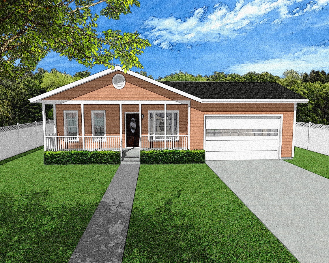 3 Bed 2 Bath 1200SF 51x46 House Plans, Ranch Style Floor Plan, 2 Car ...