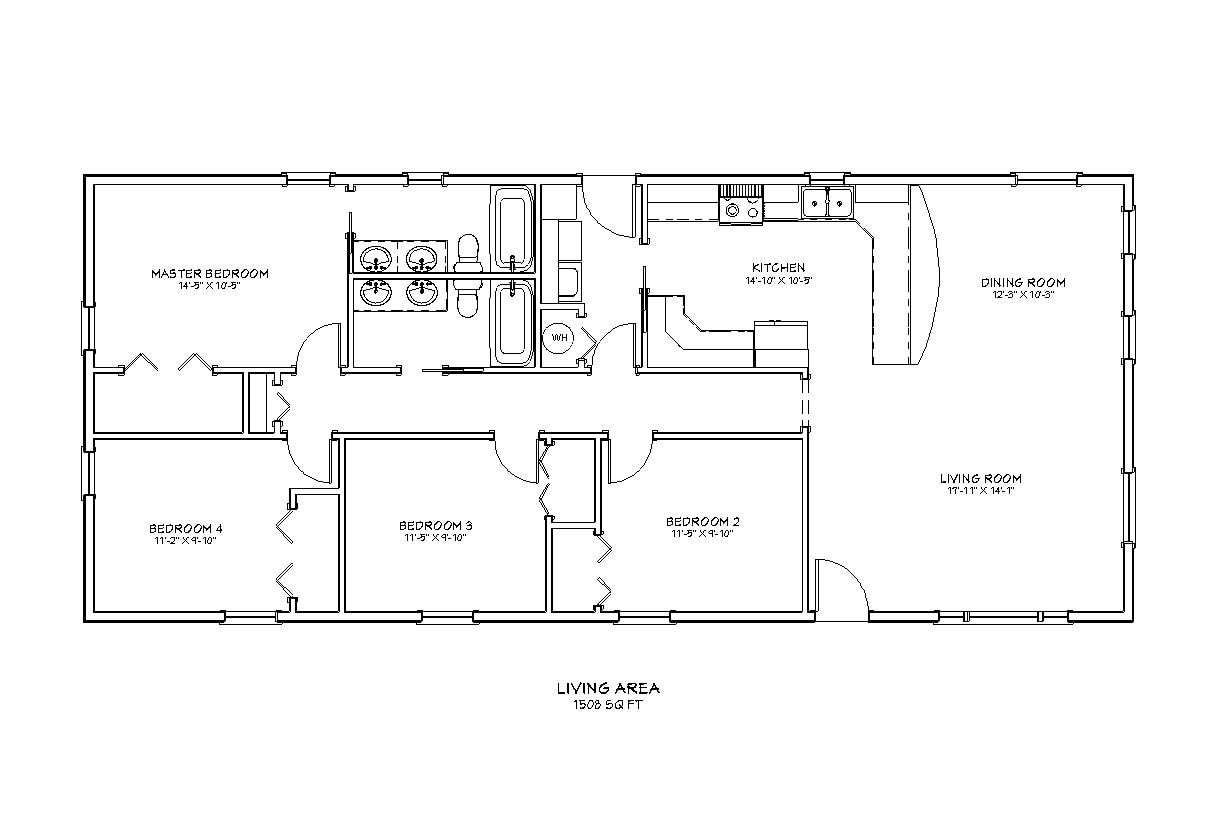 4 Bedroom 2 Bath Ranch Style Architectural Plans, 1508 SF, 60'x25', One ...