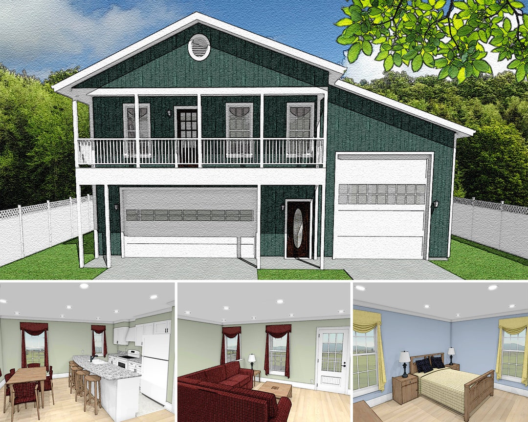 2 Bed 1.5 Bath 1200 SF 47x41 Garage Apartment House Plans, RV Bus Big ...