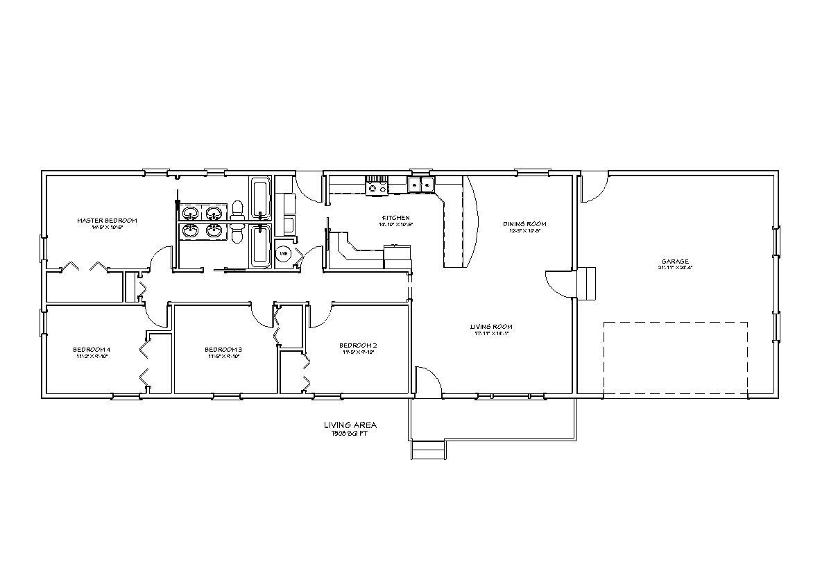 4 Bedroom 2 Bath Traditional Ranch Style Architectural Plans, 1508 SF ...