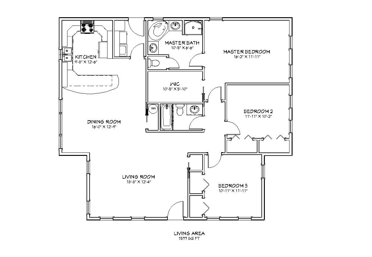 Traditional Floor Plan, 3/2 Cottage House Plans, 1500 Square Feet, 44 ...