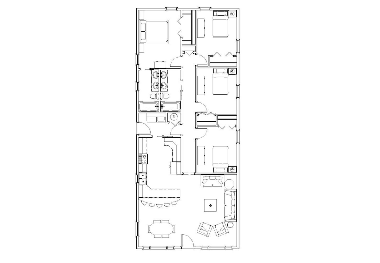 4 Bedroom 2 Bath, Narrow Cottage Architectural Plans, 1508 SF, 25'x60 ...