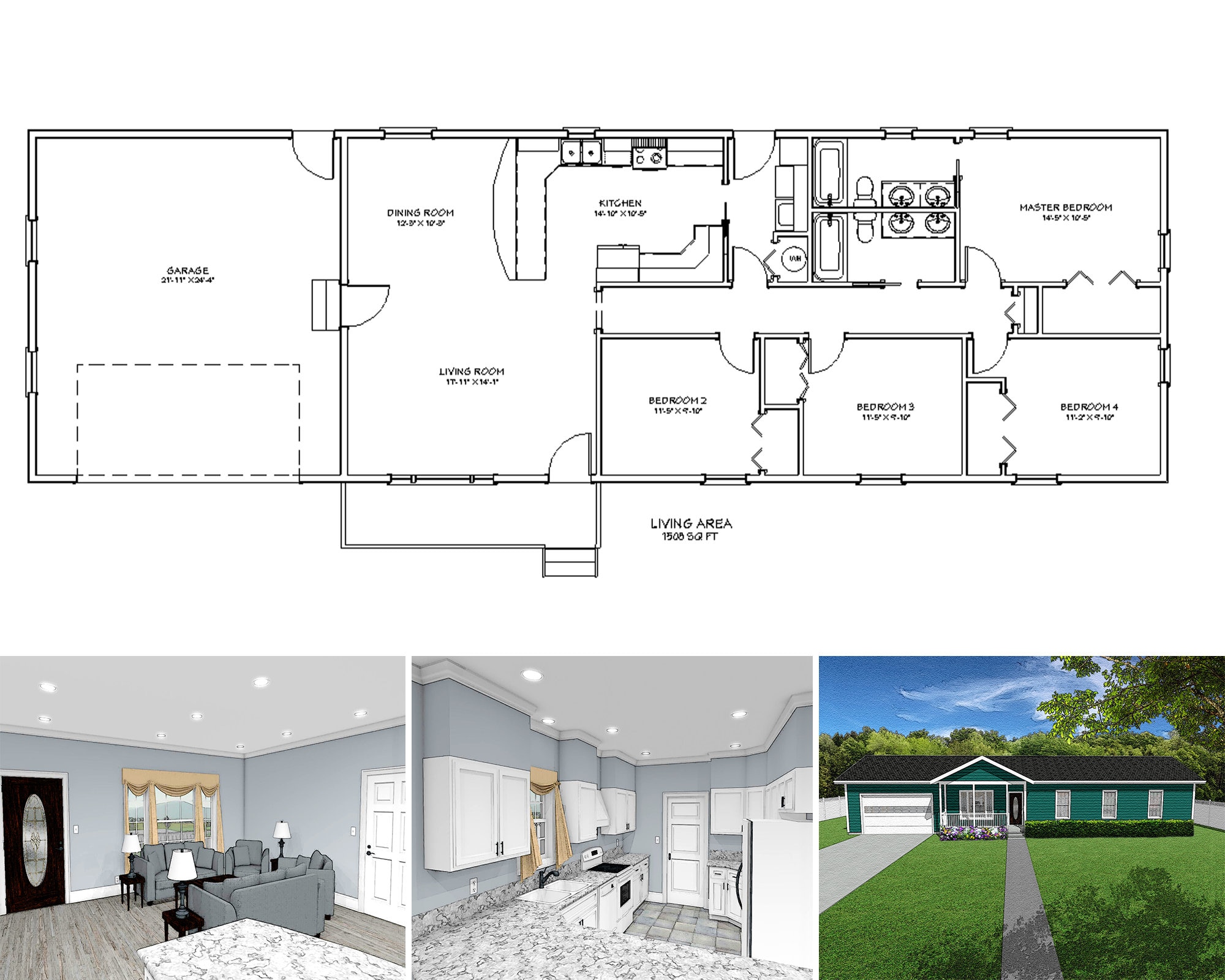 1500 Square Foot Four Bedroom Two Bathroom House Plans, One Story ...