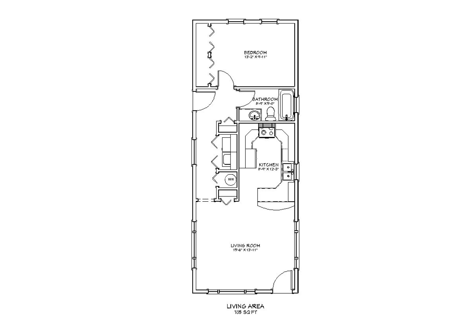 1 Bedroom 1 Bath Compact Cottage Architectural Plans, 705 SF, 16'x43 ...