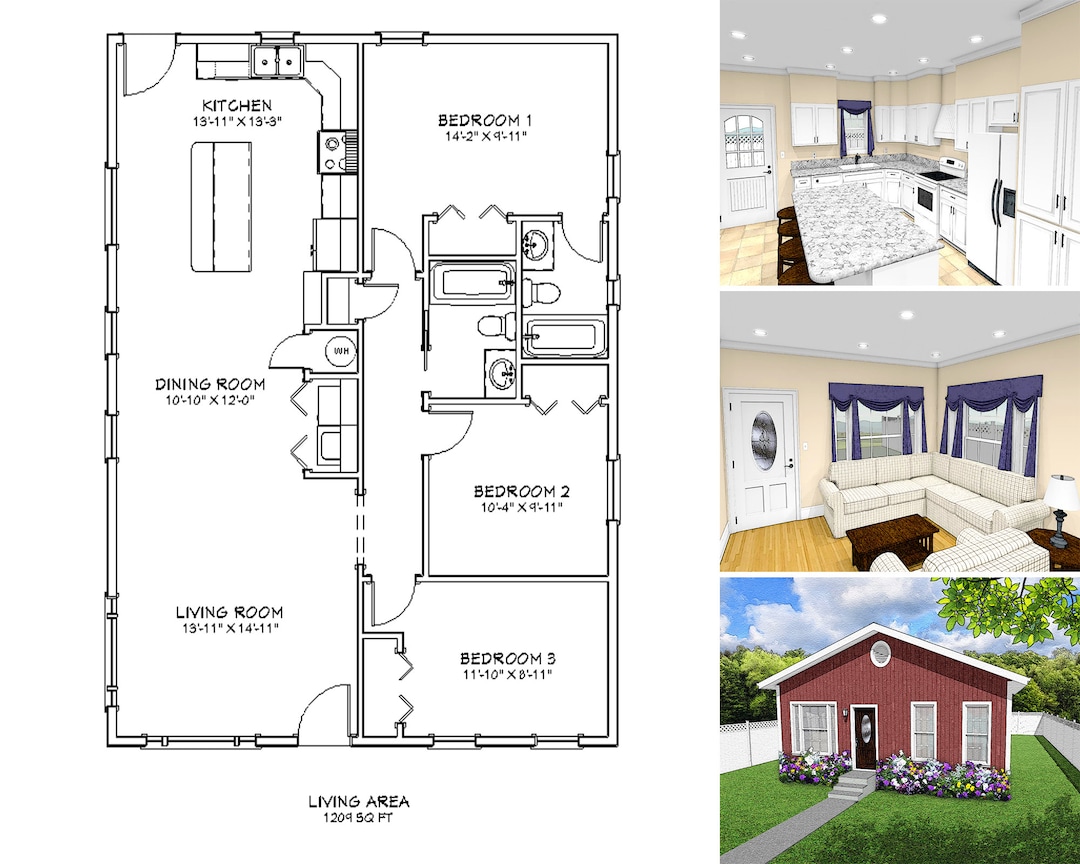 1200 Square Foot Three Bedroom Two Bathroom Floor Plan, One Story ...
