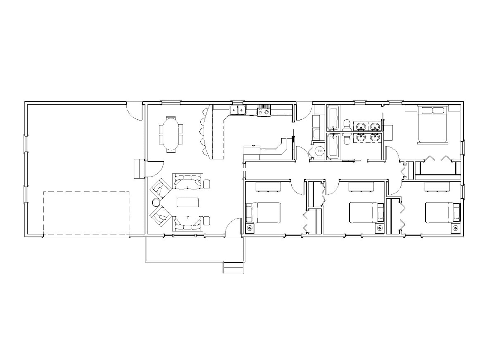 4 Bedroom Ranch Style House Plans, 4/2, 1508 Square Feet, 82'x25', One ...