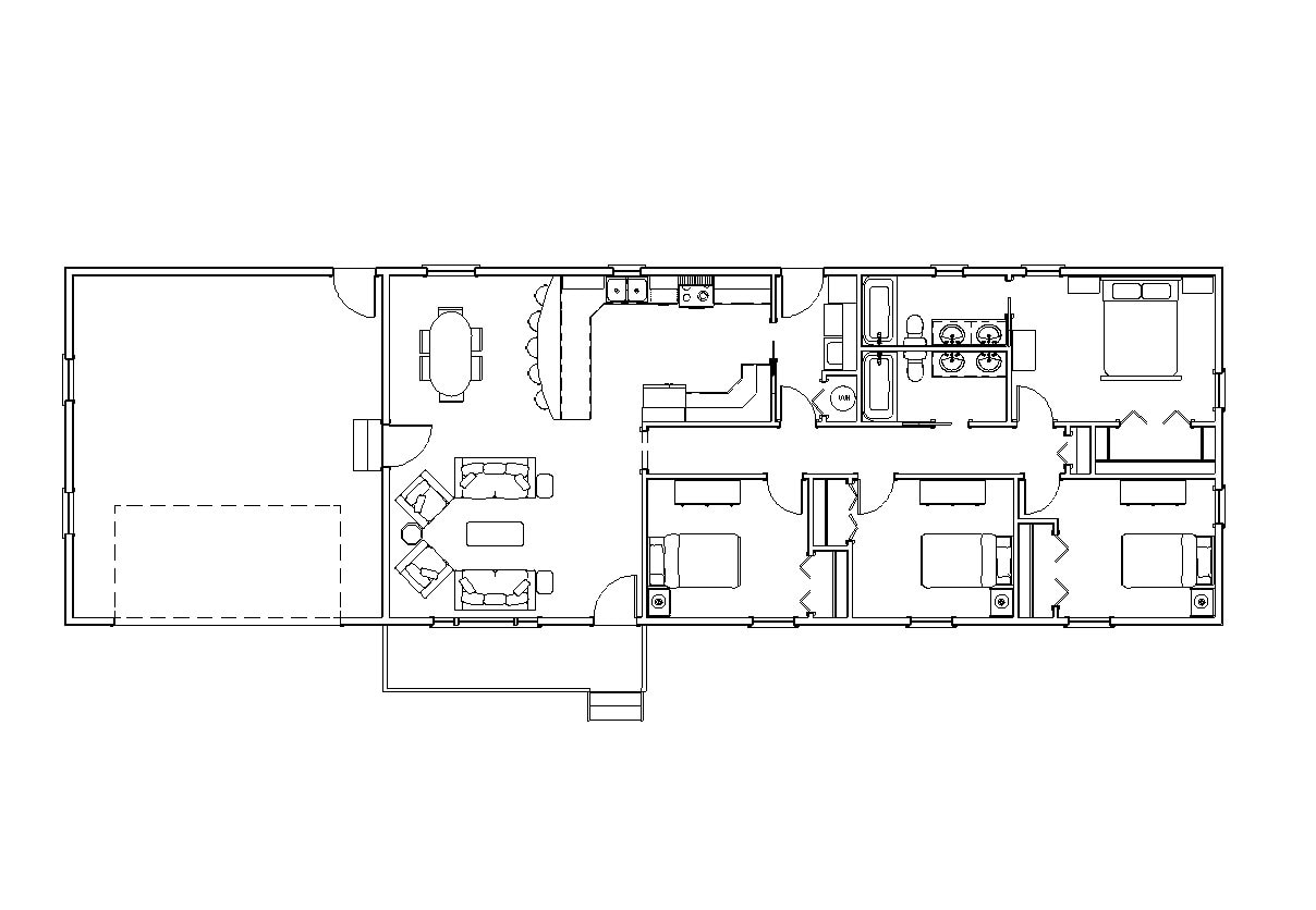 4 Bedroom Ranch Style House Plans, 4/2, 1508 Square Feet, 82'x25', One ...