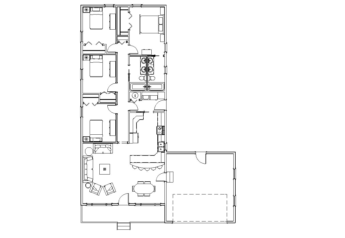 4 Bedroom 2 Bath Ranch Style Architectural Plans, 1508 SF, 46'x65', One ...