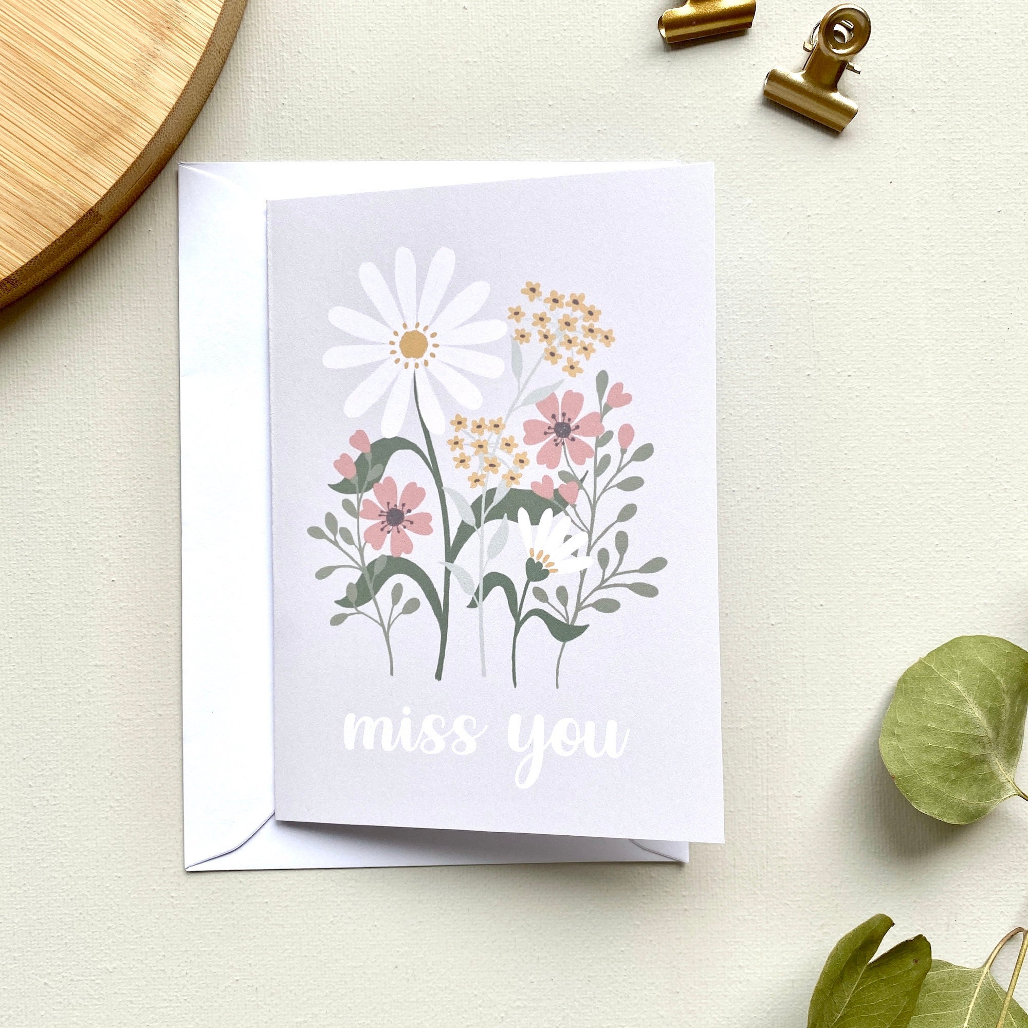 Greeting Card Miss You Flowers, Miss You Card, Card With Flowers and ...