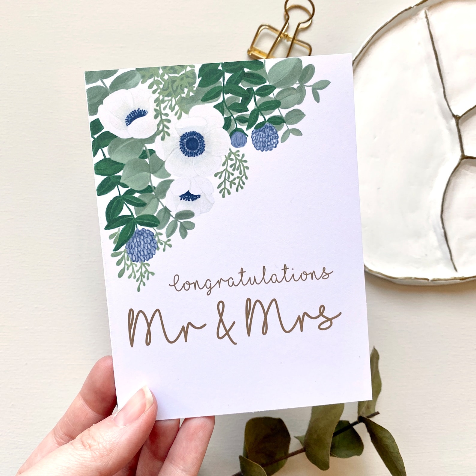 Handprinted Mr & Mrs Wedding Card: Floral Congratulations - Etsy