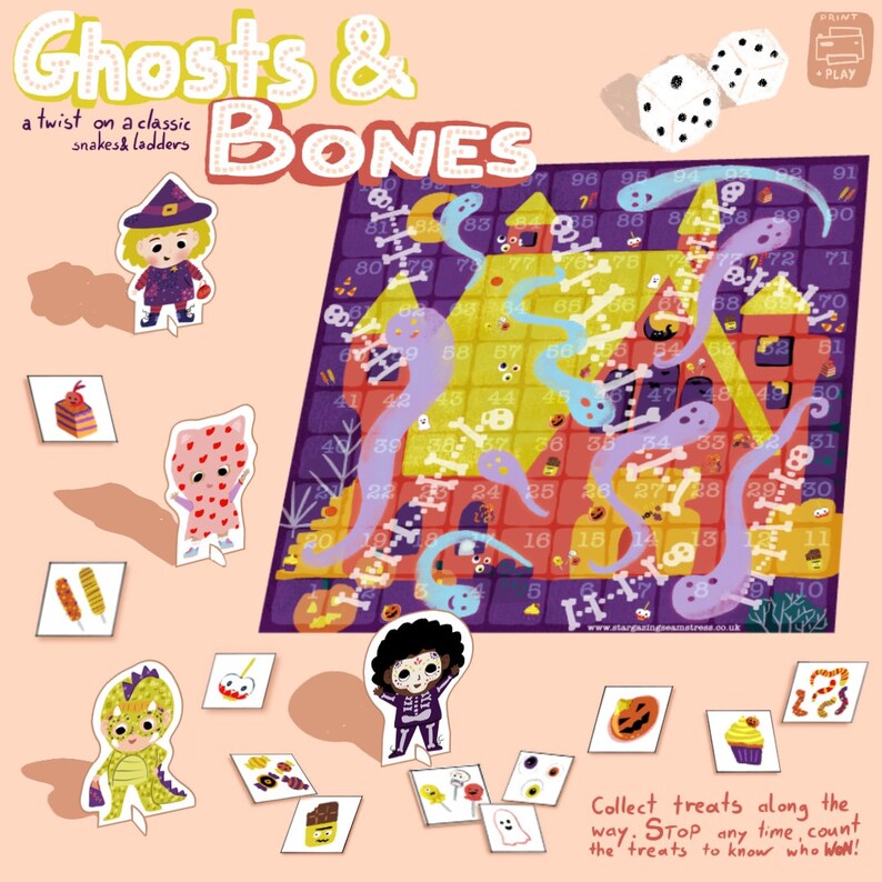 Ghosts and Bones Halloween Board Game Snakes and Ladders Print at Home ...