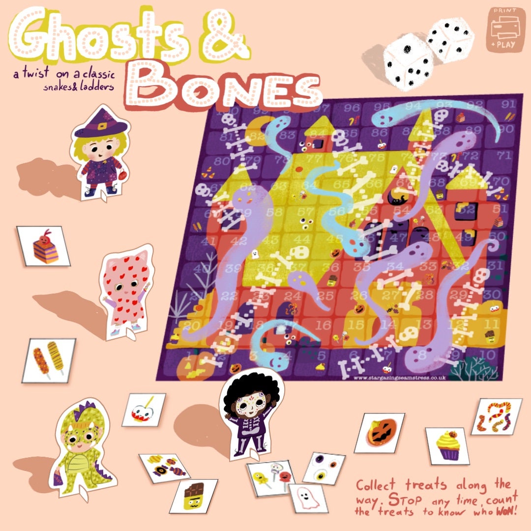 Ghosts and Bones Halloween Board Game Snakes and Ladders Print at Home ...