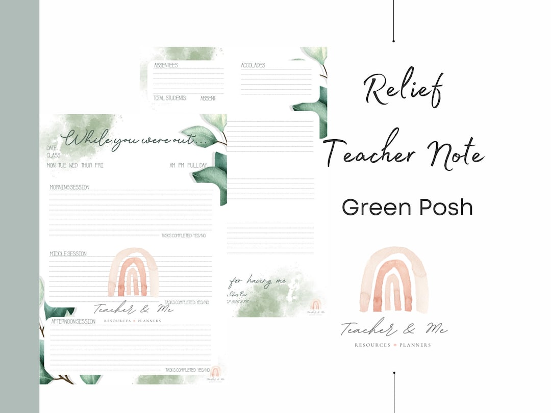 BOTANICAL MINIMALIST, Relief Teacher Notes, While You Were Away, Green ...