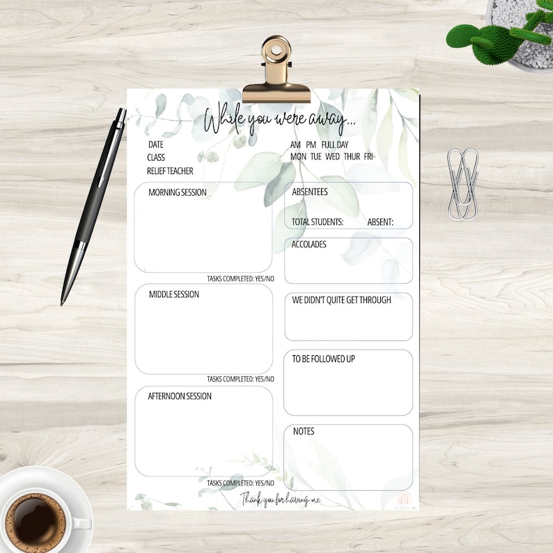 Relief Teacher Feedback- Green Florals Neutral- While You Were Away ...