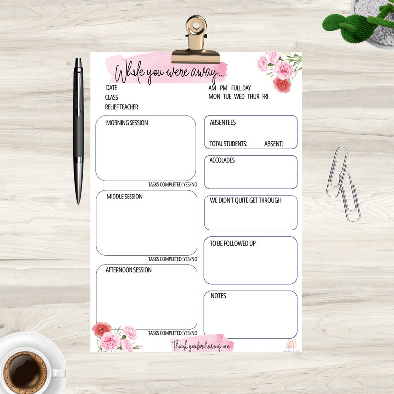 Relief Teacher Feedback- Floral Carnation- While You Were Away ...