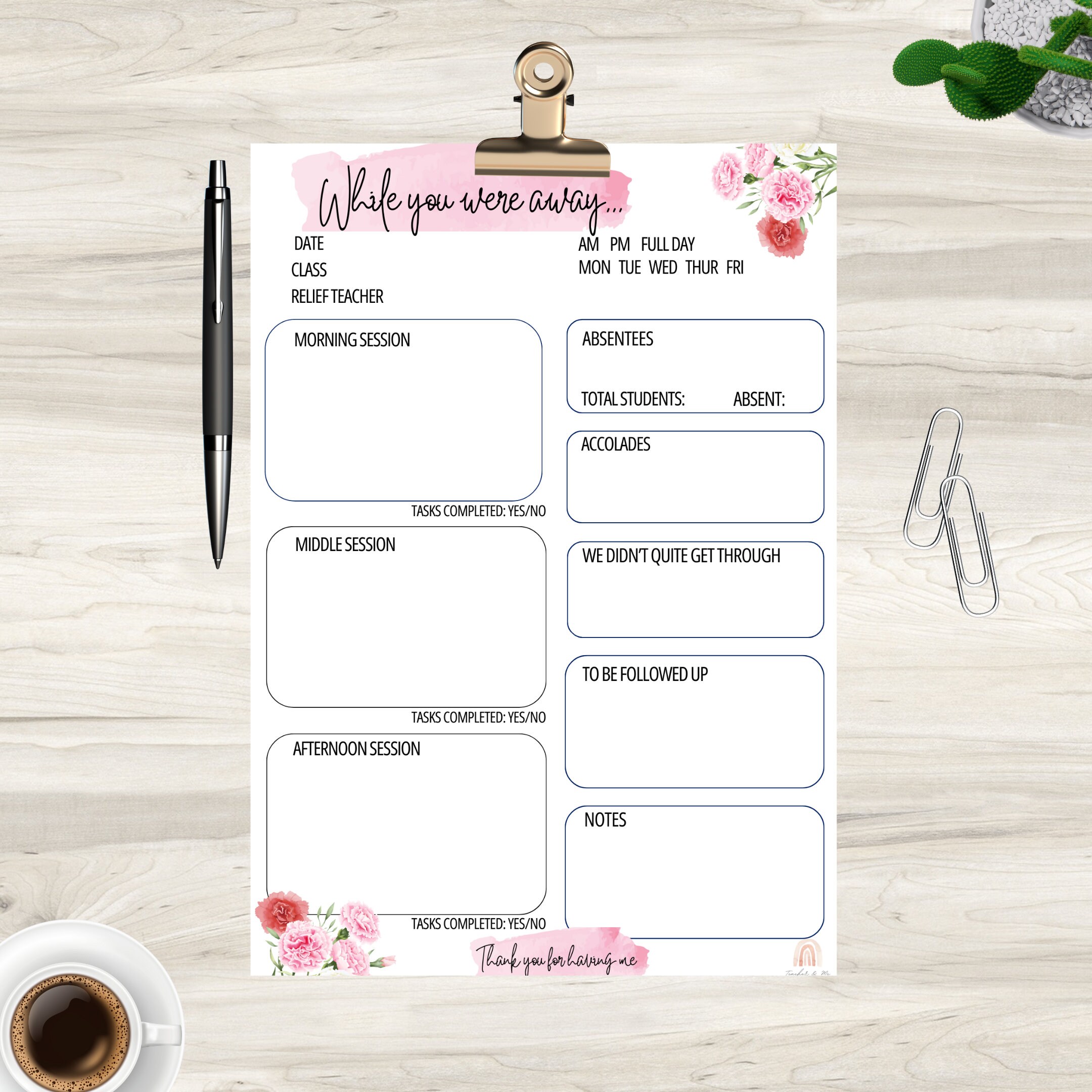 Relief Teacher Feedback- Floral Carnation- While You Were Away ...