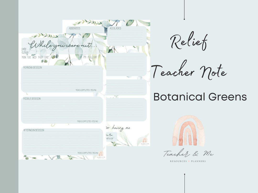 Botanical Greens, Relief Teacher Notes, Substitute Form Printable ...
