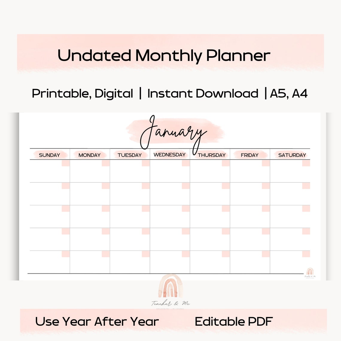 Undated Monthly Calender | Printable Undated| Monthly Planner | Neutral ...