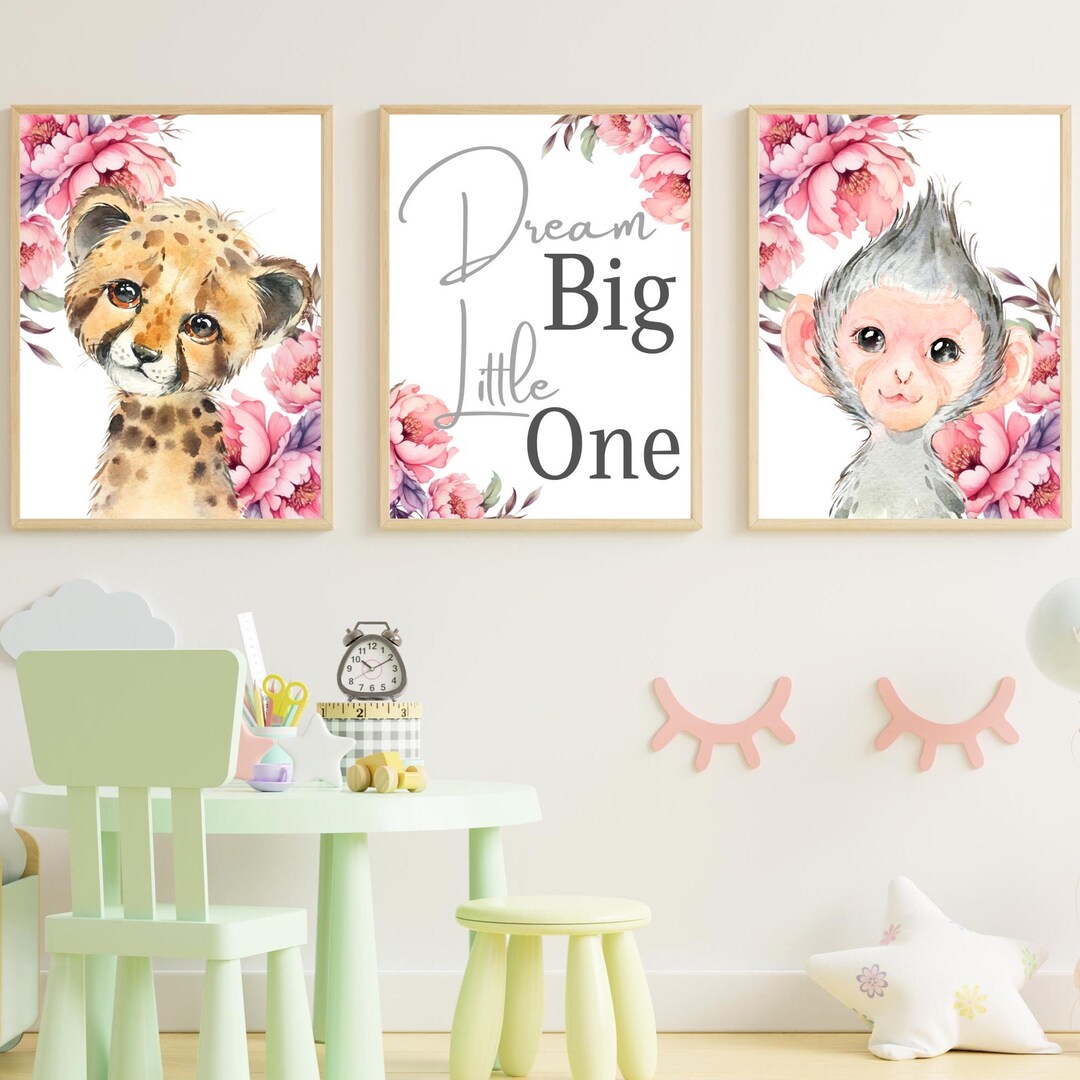 Set of 3, Floral Baby Safari Animals Wall Art, Floral Affirmation ...