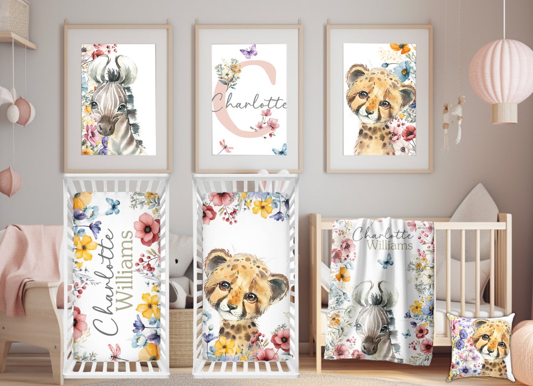 Personalized Floral Safari Animals Baby Crib Bedding Set, Zebra Crib ...