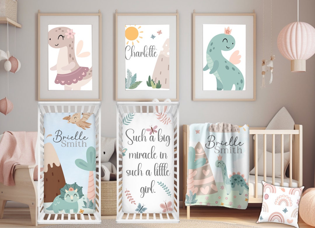Dinosaur Crib Bedding Set, Baby Girl Crib Bedding Set, Floral Dinosaur ...