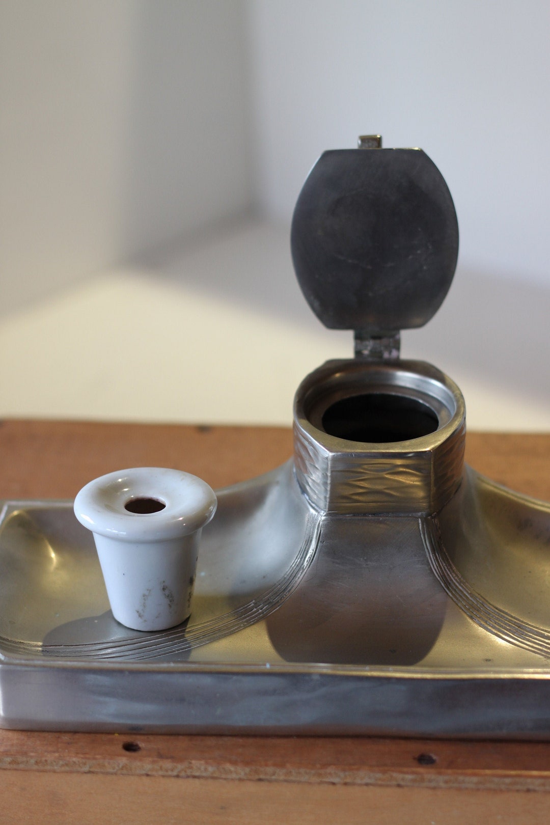 A Continental Art Nouveau Pewter Ink Well With Original Ceramic Ink ...