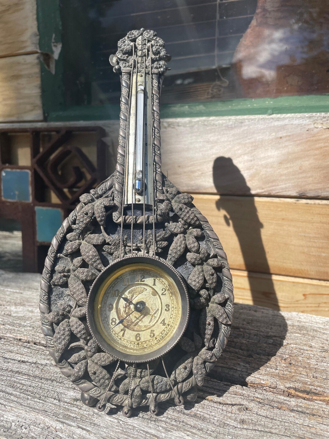 Antique Silver Mandolin Clock With Thermometer, British United Clock Co ...