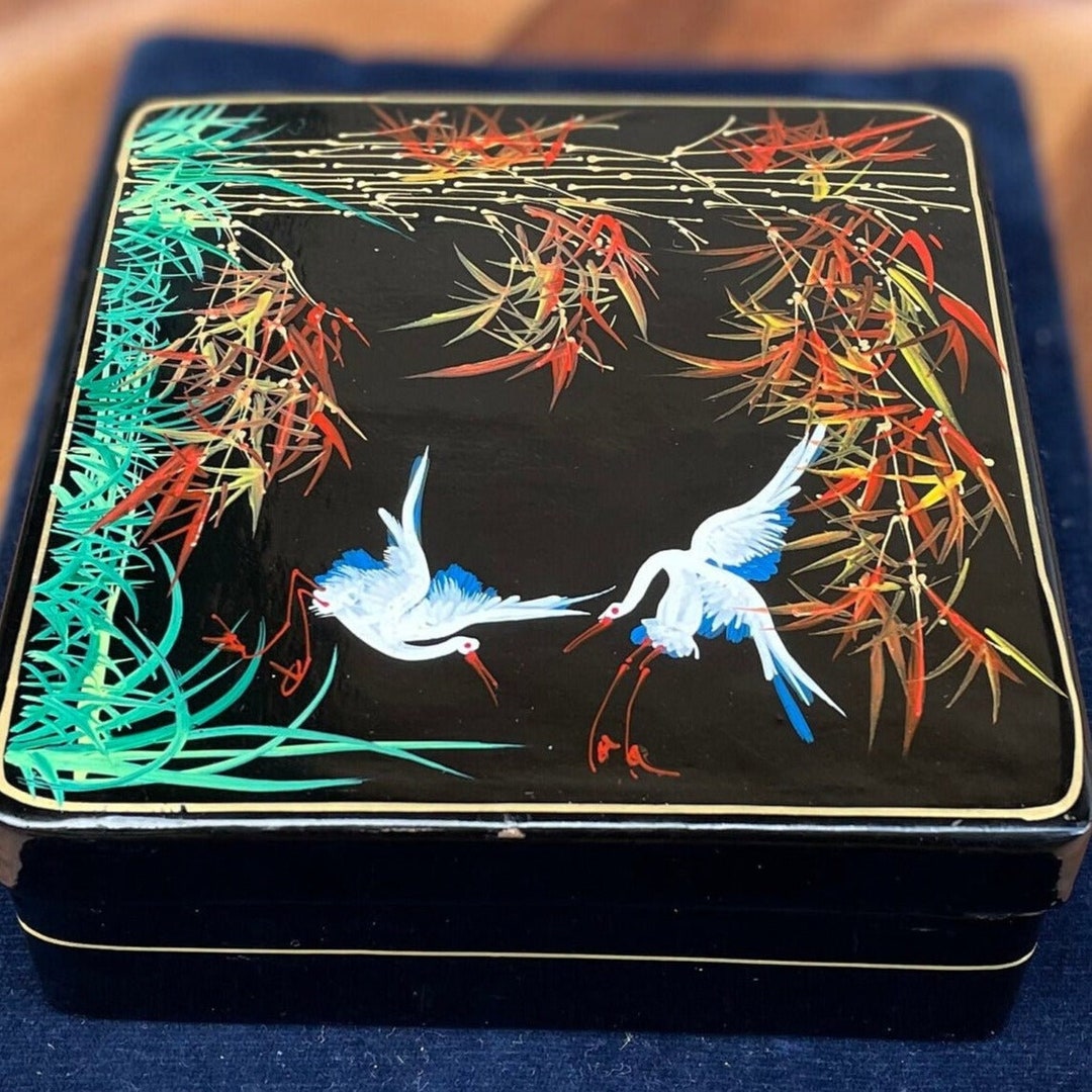 Japanese Lacquer Coasters With Hand Painted Egret and Bamboo Design ...