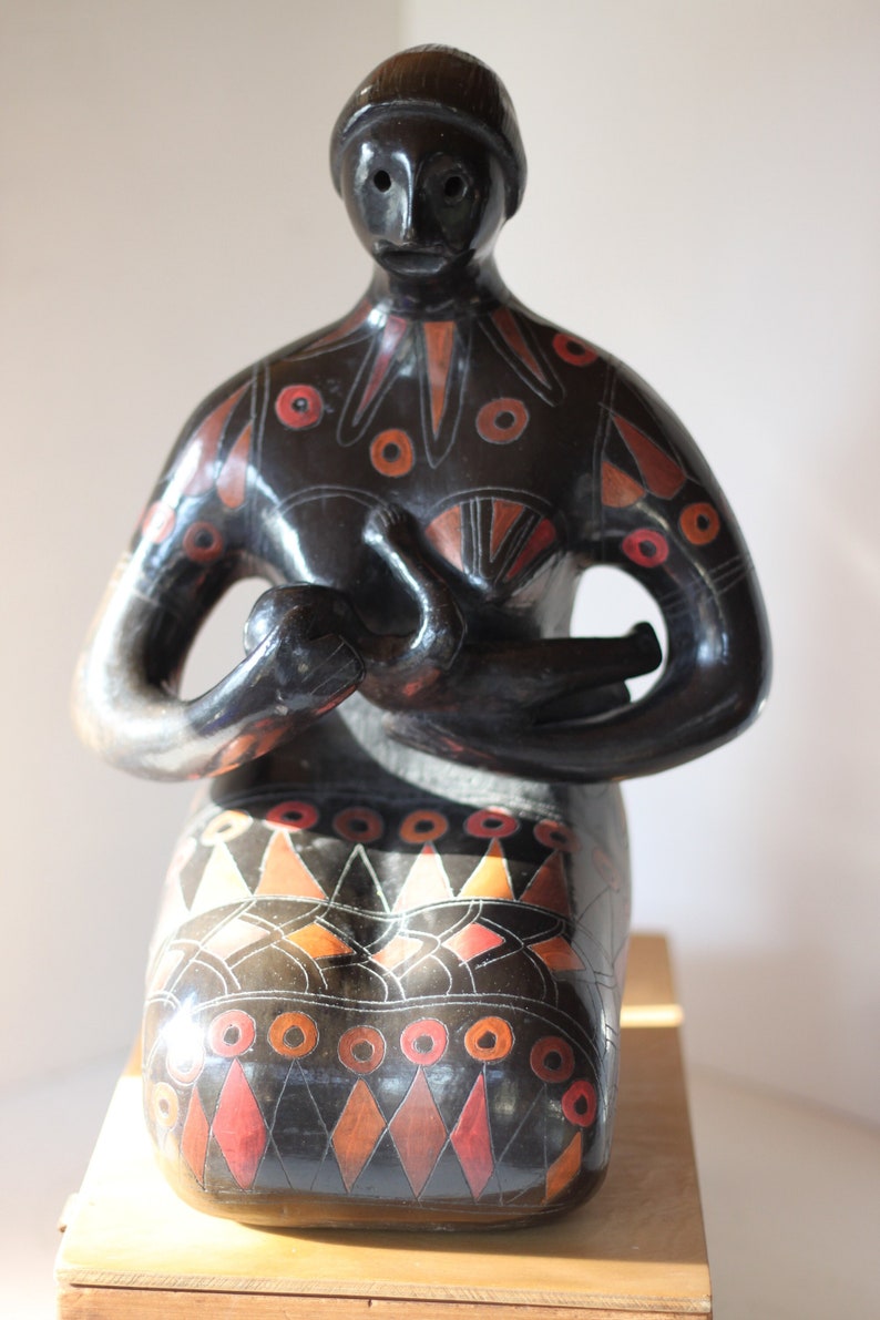 Large Glazed Terracotta Blackware Sculpture of a Mother Figure Feeding ...
