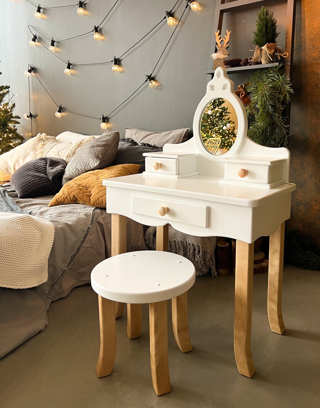 Girls Dressing Table With Stool and Mirror Vanity Table White Wooden ...