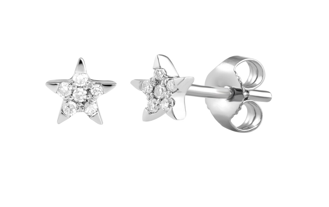 Fancy Star Stud Earring in 14KT White Gold 0.04ct Round White Natural ...