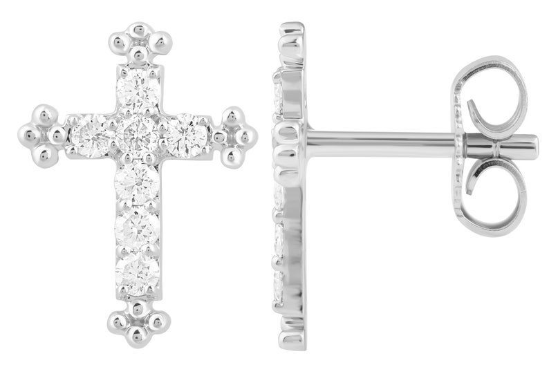 0.28ct Round White Natural Diamond Cross Stud Women's Earring in 14KT Yellow Gold - Etsy