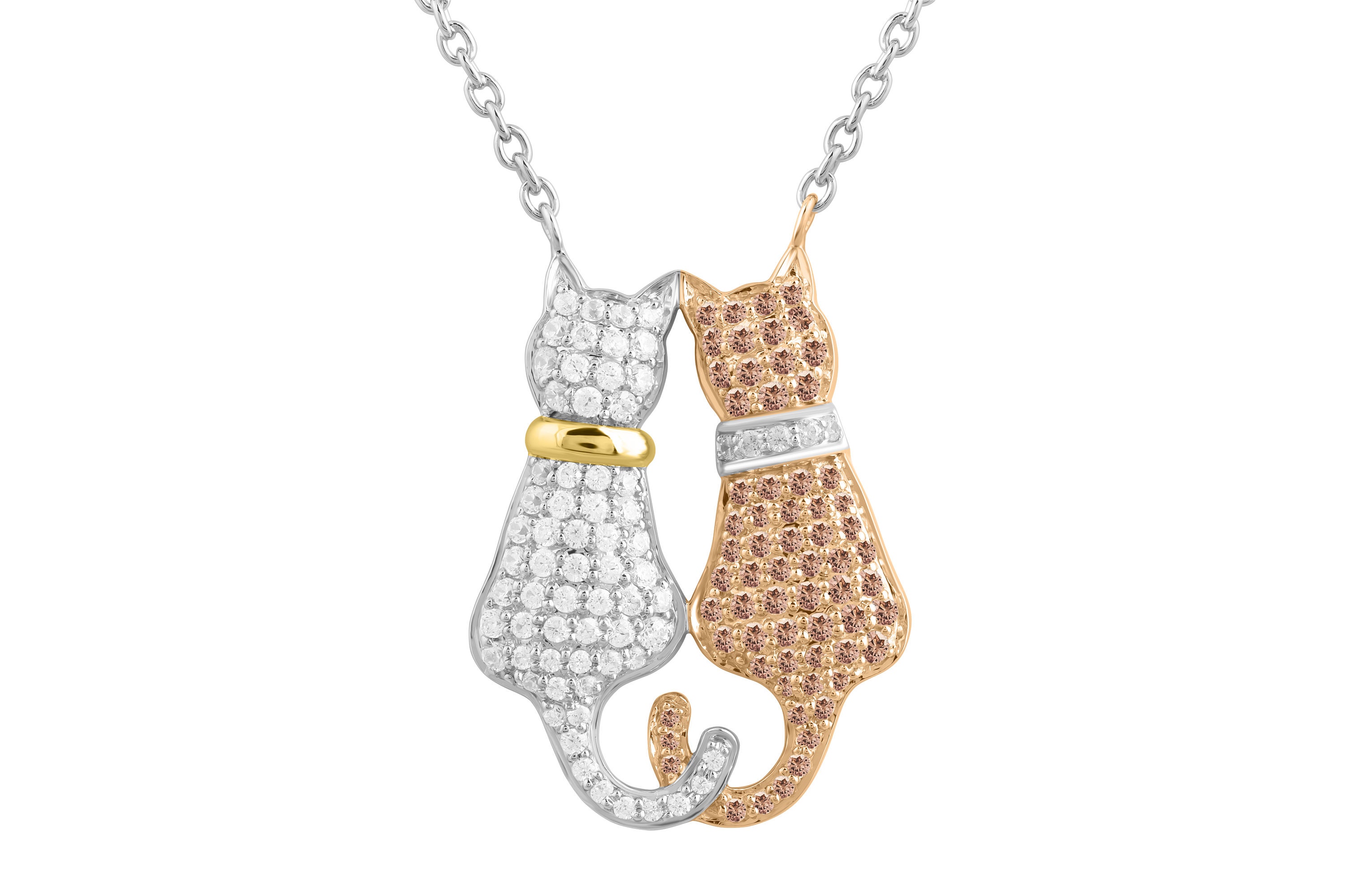 Cute Cat Couple Necklace in 14KT White Gold 0.68ct Round and Blue ...