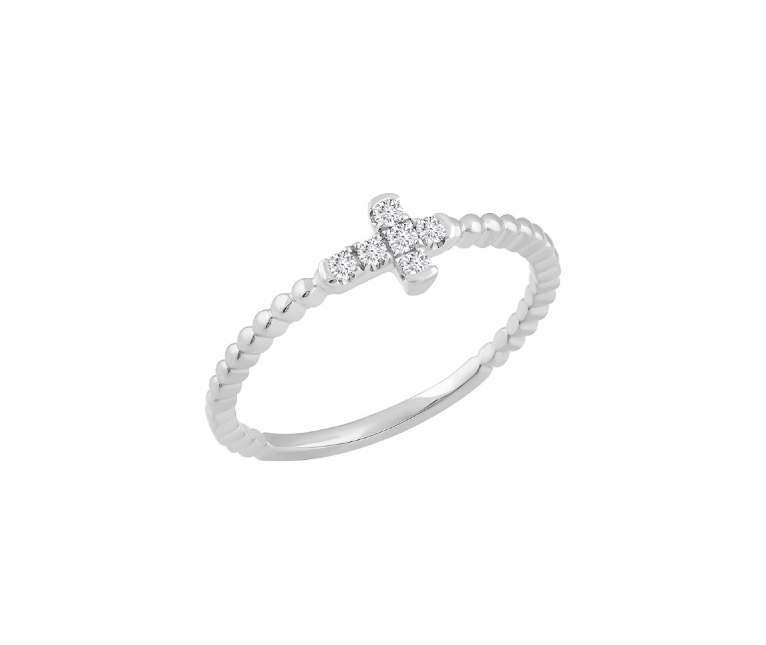 0.09ct Round White Natural Diamond Simple Cross Ring in 14KT White Gold ...
