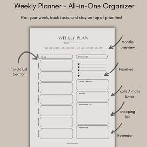 Weekly Planner Printable – To-do List for Each Day, Priorities, Calls ...